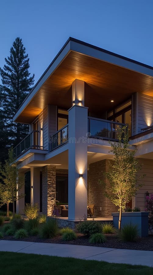 Architectural Solar Lighting Accents on Modern House Exterior Stock ...