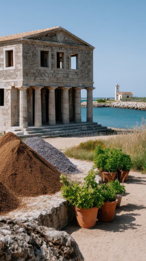 Architectural Structure with Columns Near Seaside with Plants and ...