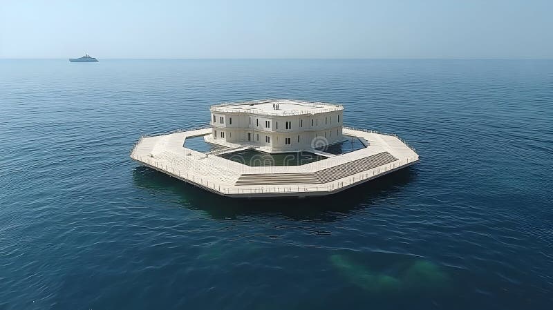 Architectural Structure Floating on Deep Blue Ocean Under Cloudless Sky ...