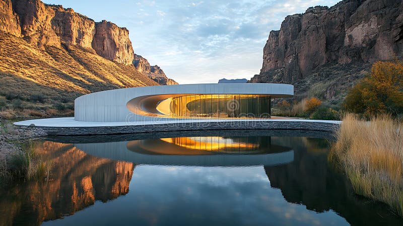 Architectural Structure Near a Mountain Range Mirrored in Water is ...