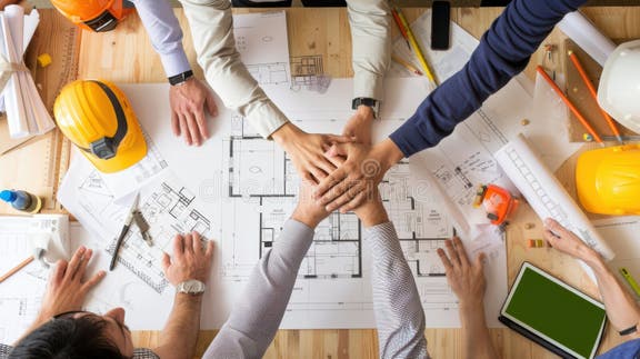 Architectural Team Collaboration: Hands Stacked on Blueprints Stock ...