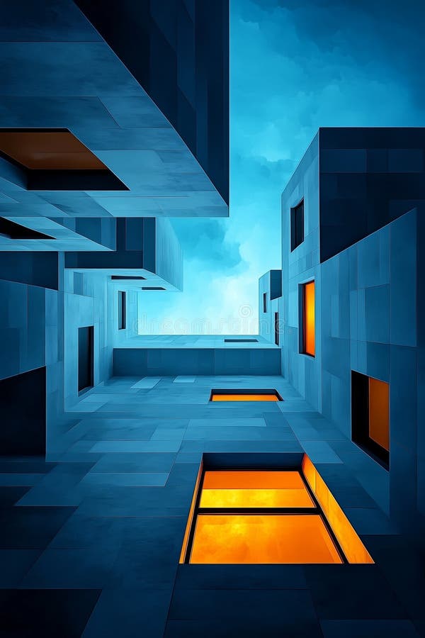 Architectural View of Blue Walls and Bright Orange Windows at Twilight ...