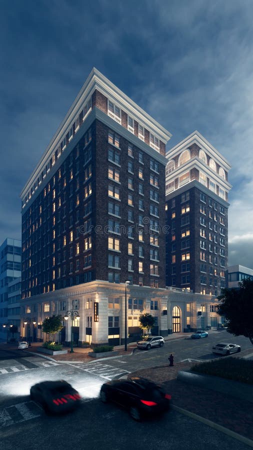 3d Rendering of Multi Story Modern Commercial Building in City in Night ...