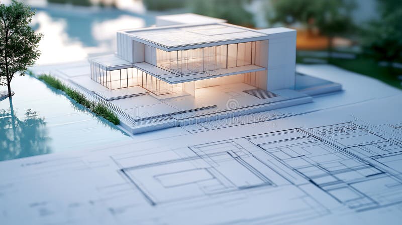 Architectural White Model of House on Desk with Drawing Equipment Tools ...