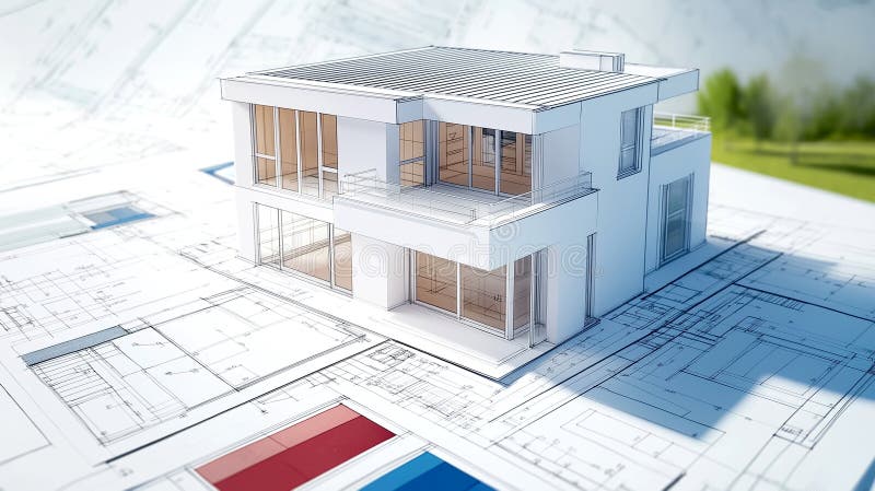 Architectural White Model of House on Desk with Drawing Equipment ...