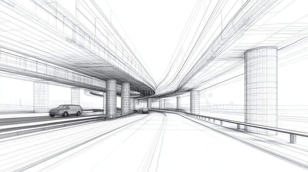 Architectural Wireframe Elevated Traffic Corridor with Vehicle Movement ...