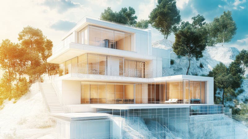 The Architectural Wireframe Rendering Presents a Modern Home with a ...