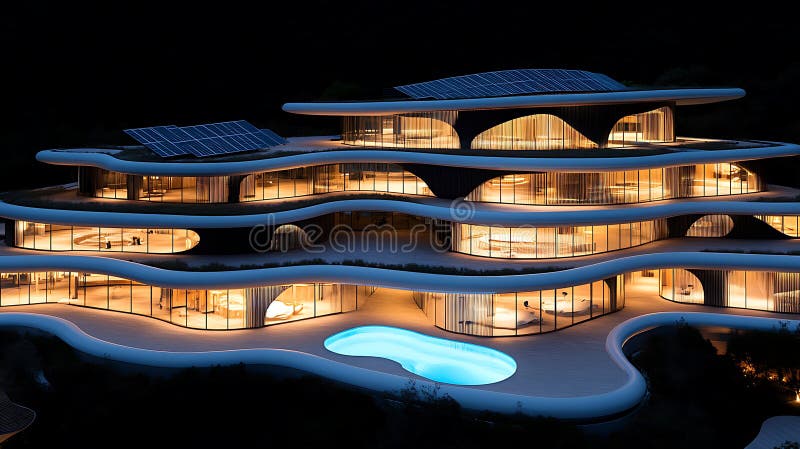 An Architectural Wonder Features a Modern Building at Night with Lights ...
