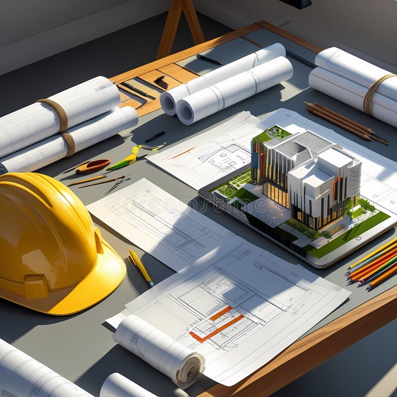 Architectural Workspace with Blueprints, a Scale Model of a Modern ...