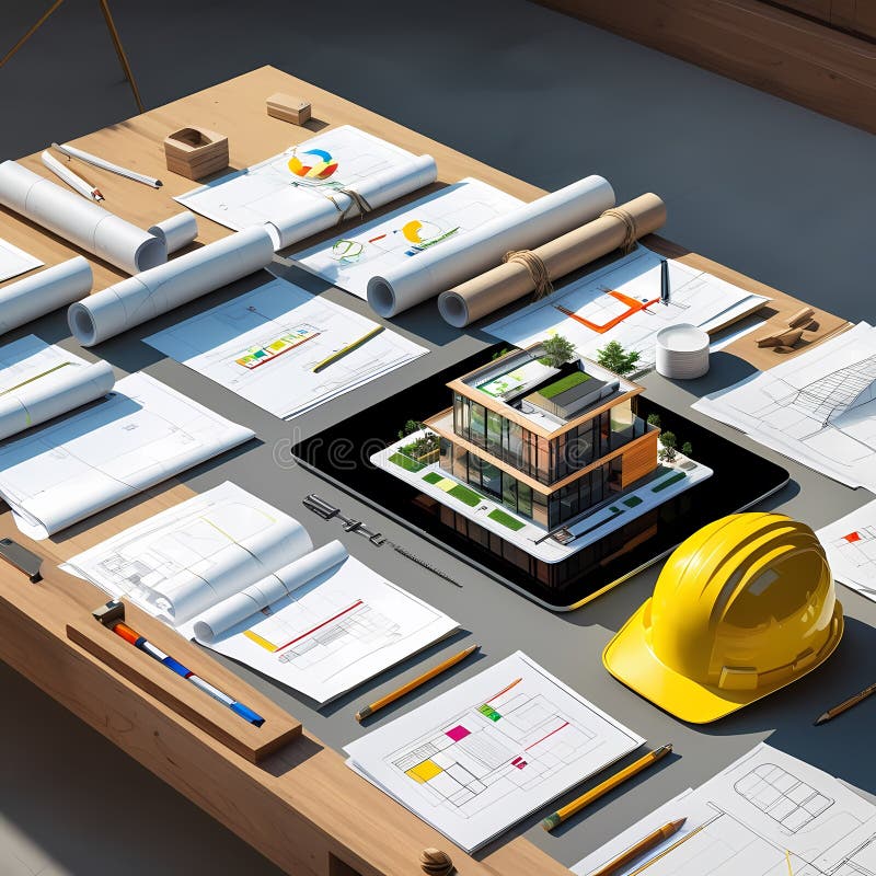 Architectural Workspace with Blueprints and Technical Drawings ...