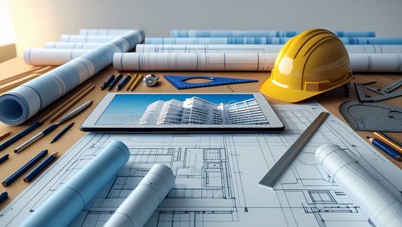 Architectural Workspace Featuring Blueprints, Rolled Architectural ...