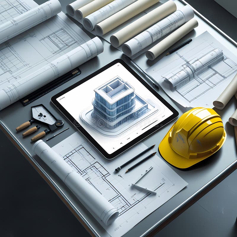 Architectural Workspace Featuring Blueprints and Rolled Plans Arranged ...