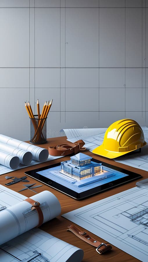 Architectural Workspace Featuring Blueprints, Rolled Plans, and a ...