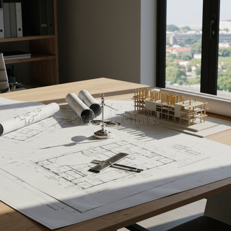 Architectural Workspace Featuring Detailed Blueprints, a Scale Model of ...