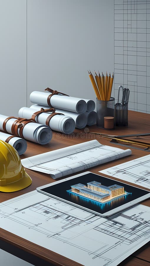 An Architectural Workspace Featuring Rolls of Blueprints Secured with ...