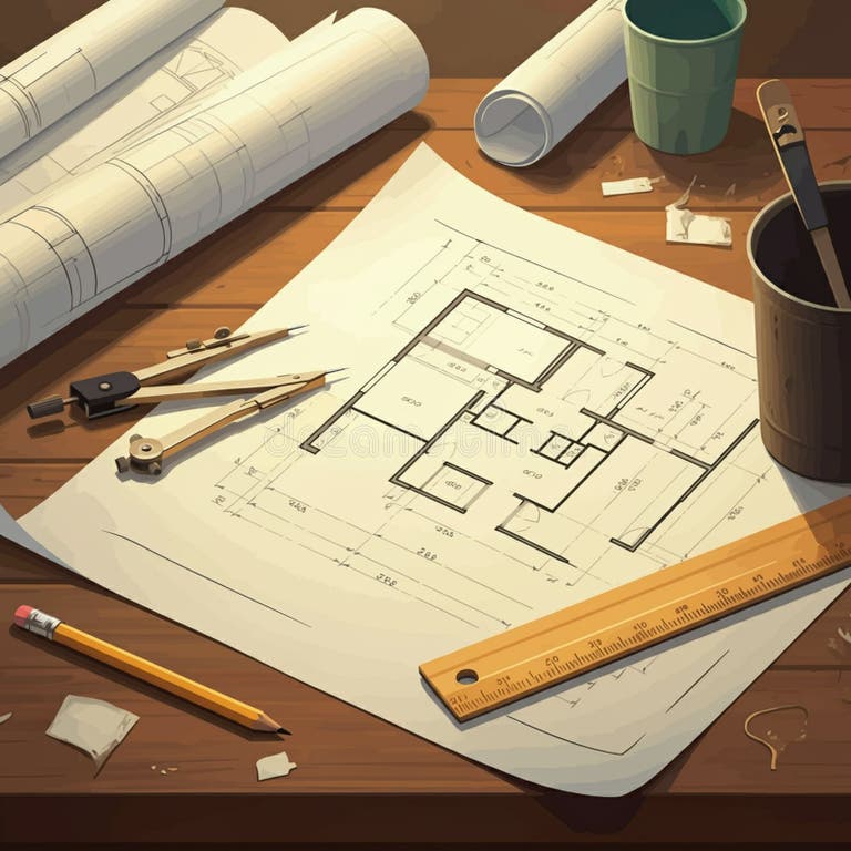 Architectural Workspace with Floor Plan on Paper, Pencil, Ruler, and ...