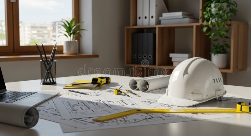 "Architectural Workspace with Hard Hat and Blueprints" Stock ...