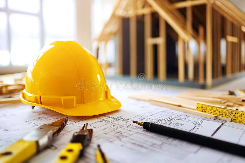 Architectural Workspace Illustration with a Hard Hat and House Drawing ...