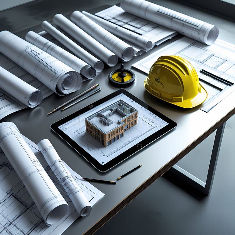 Architectural Workspace with Rolled Blueprints, Tablet Showing a 3D ...