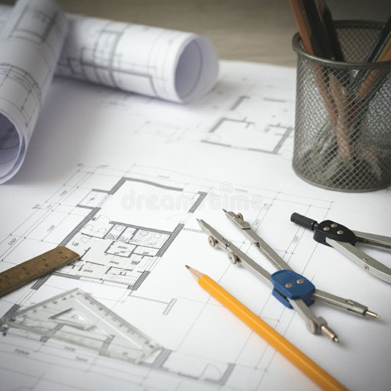 Architectural Workspace with Technical Drawings and Tools. Blueprints ...