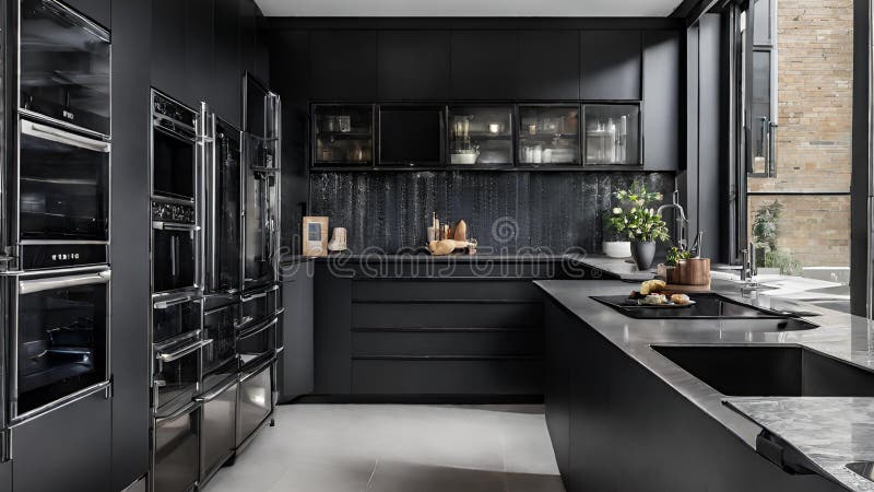 Clear Kitchen Architecture with Black Wall and Tiles, Black Appliances ...
