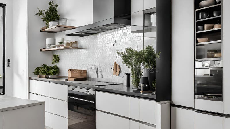 Clear Kitchen Architecture with White Wall and Tiles, Black Appliances ...