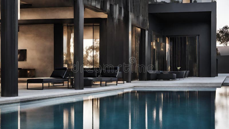 Pool Area Architecture with Black Finish Aesthetic Furniture in Extreme ...