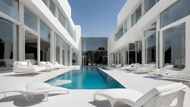 Pool Area Architecture with White Finish Aesthetic Furniture in Extreme ...