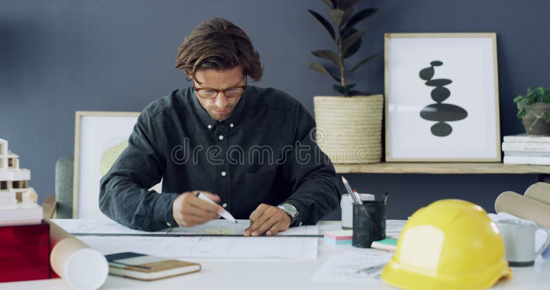 Architecture, Blueprint and Man Drawing in Office for Planning ...