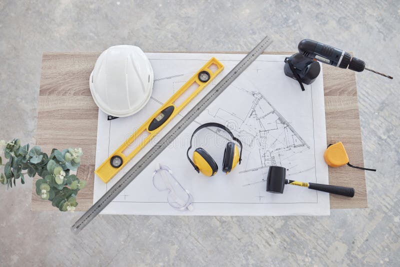 Architecture, Blueprint and Tools on Table in Home Interior for ...