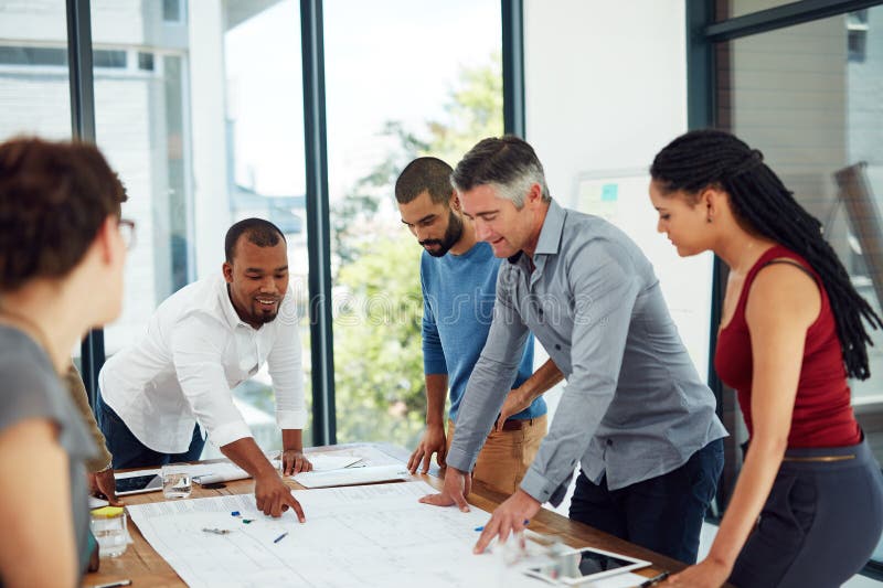 Architecture, Business People and Group with Floor Plan in Office for ...