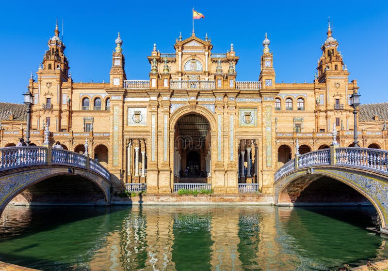 Architecture and Canals of Spain Square in Seville, Spain Stock ...