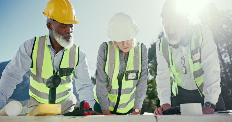 Architecture, Collaboration and Blueprint with Construction Worker ...