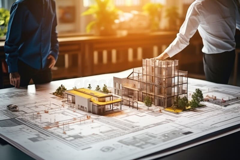 Architecture and Construction Concept. Engineer Working with Blueprint ...