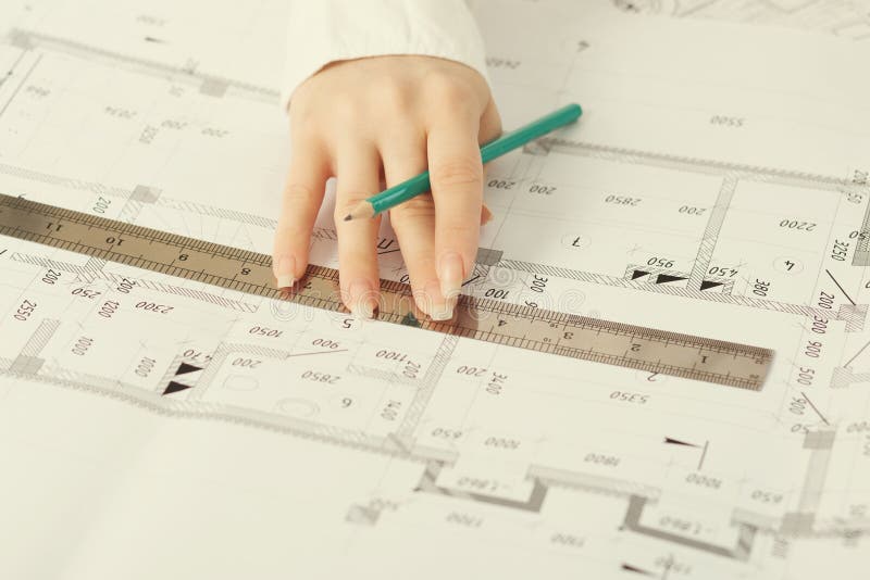 Architecture, Design. the Architect is Working on a Drawing in the ...