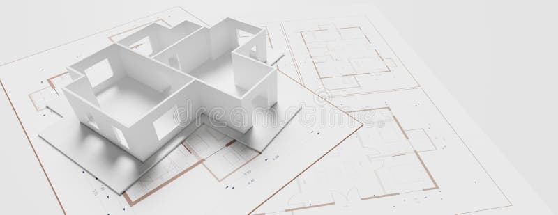 Architecture Design, Residential Building Model on Blueprint Plan, 3d ...