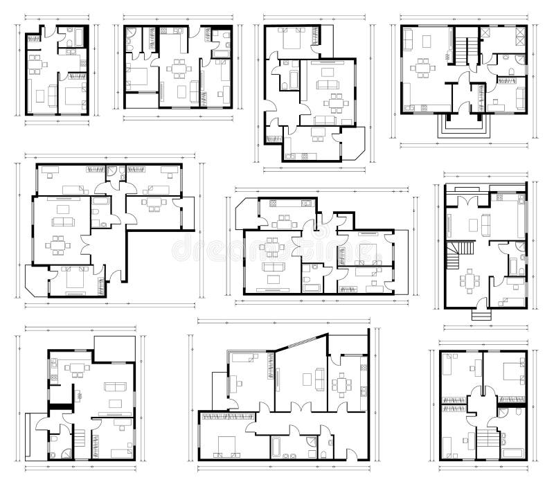 Architecture Design, Blueprint Plan. Set of Different Black and White ...