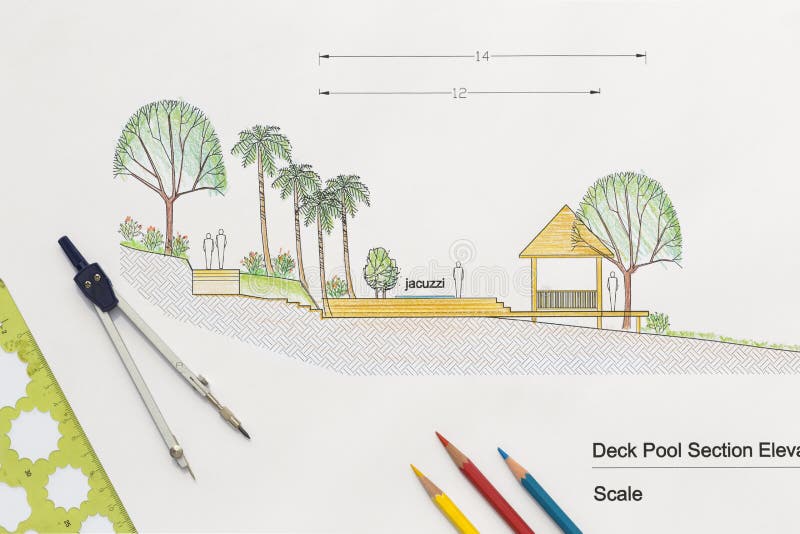 Architecture Design Deck Pool Section Elevation Stock Photo - Image of ...