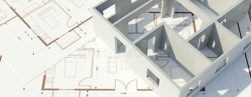 Architecture Design Drawings, Building Model on Blueprint Floor Plan ...