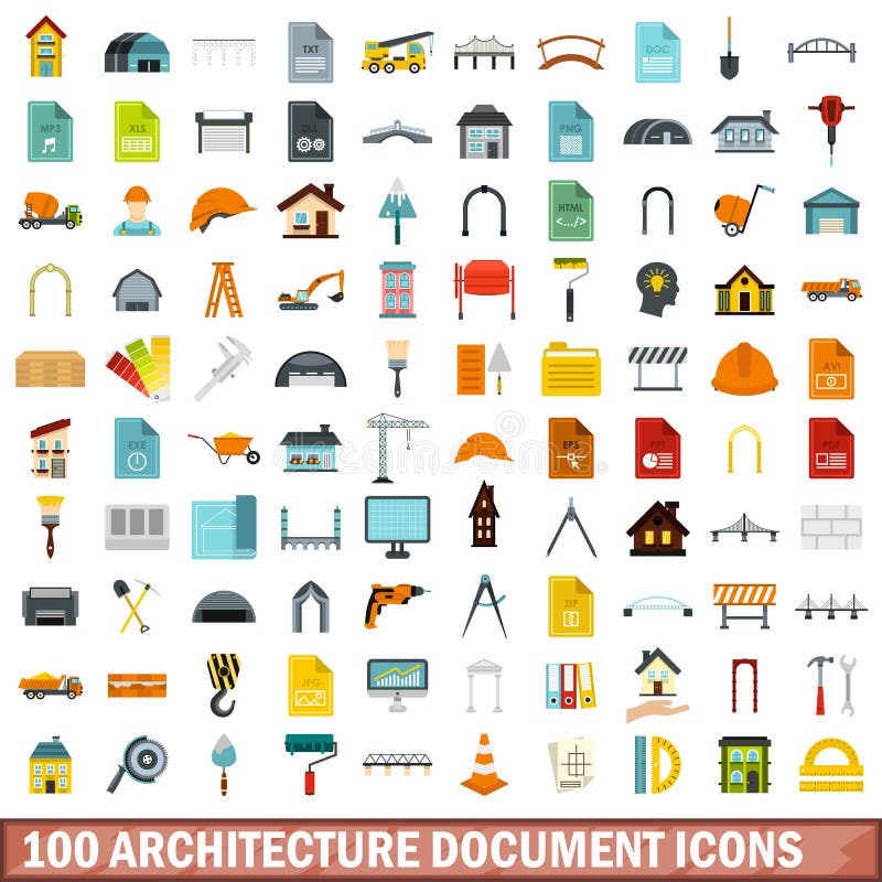 100 Architecture Document Icons Set, Flat Style Stock Vector ...