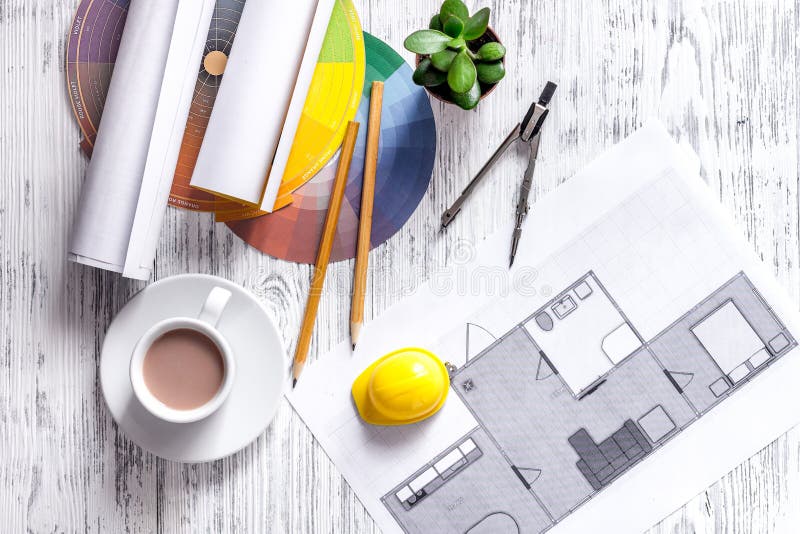 Architecture Drawing and Tools on Light Wooden Desk Top View Stock ...