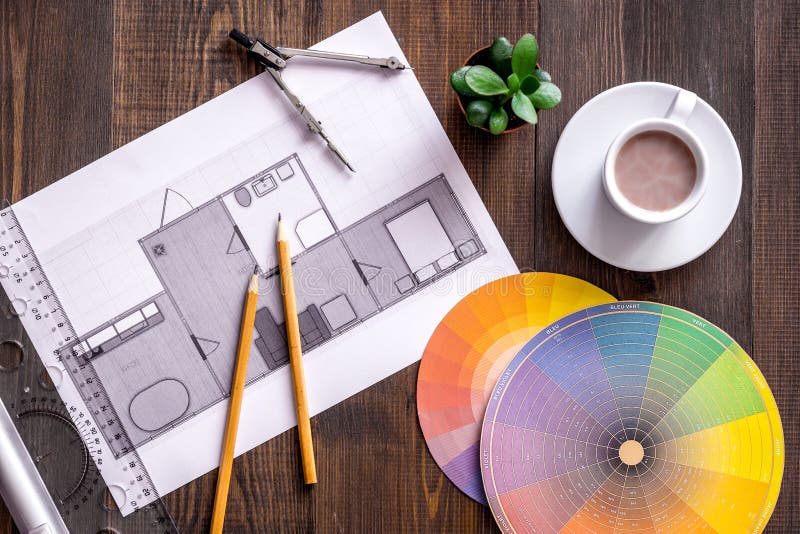 Architecture Drawing and Tools on Wooden Desk Top View Stock Image ...