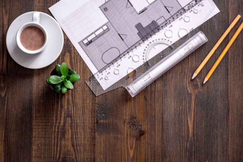 Architecture Drawing and Tools on Wooden Desk Top View Copyspace Stock ...