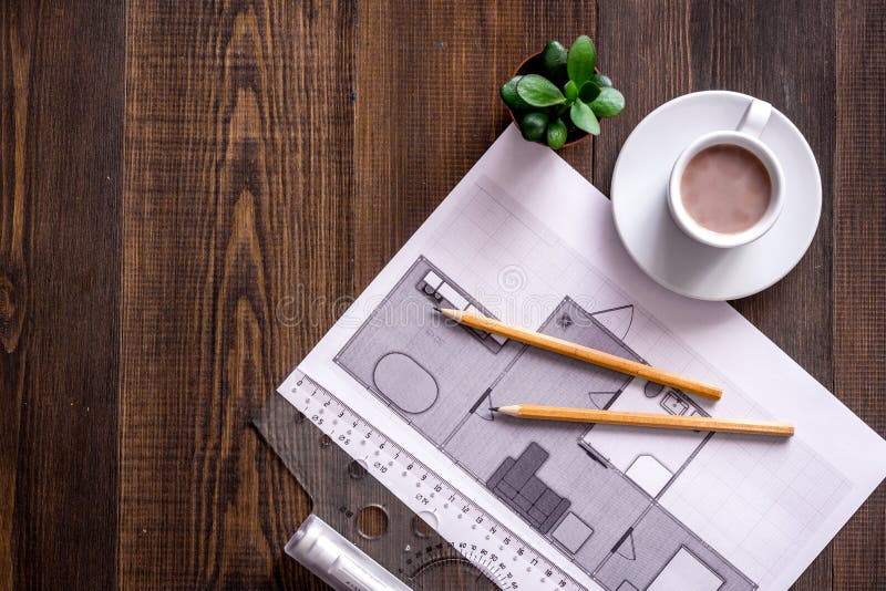 Architecture Drawing and Tools on Wooden Desk Top View Copyspace Stock ...