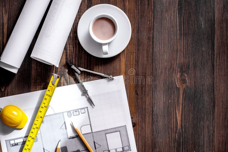Architecture Drawing and Tools on Wooden Desk Top View Copyspace Stock ...