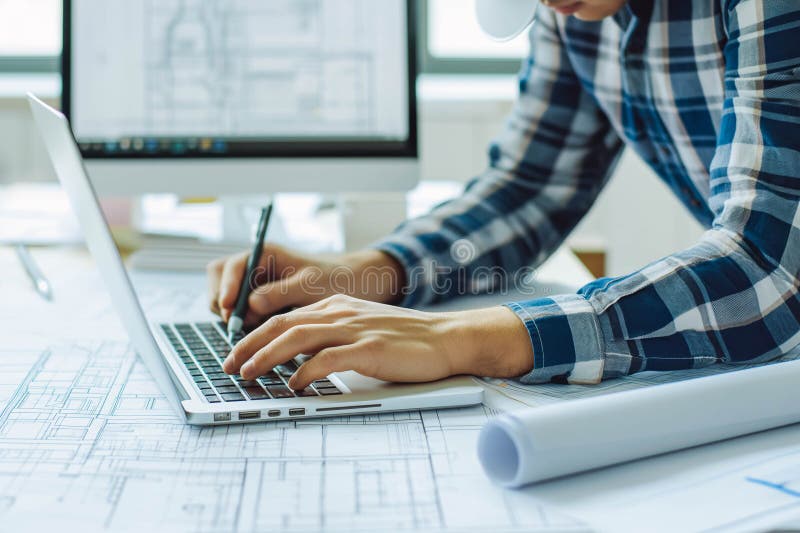 Architecture Engineer Working with Blueprints and Laptop in Office ...