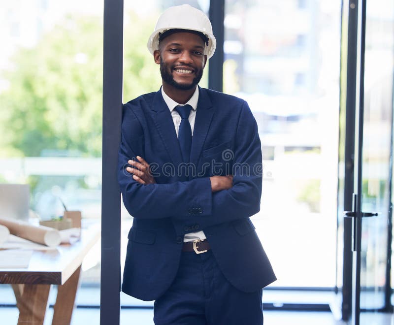 Architecture, Engineering and Portrait of Black Man in Office Standing ...