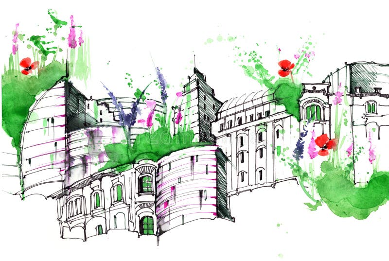 Architecture and flowers stock illustration. Illustration of painting ...