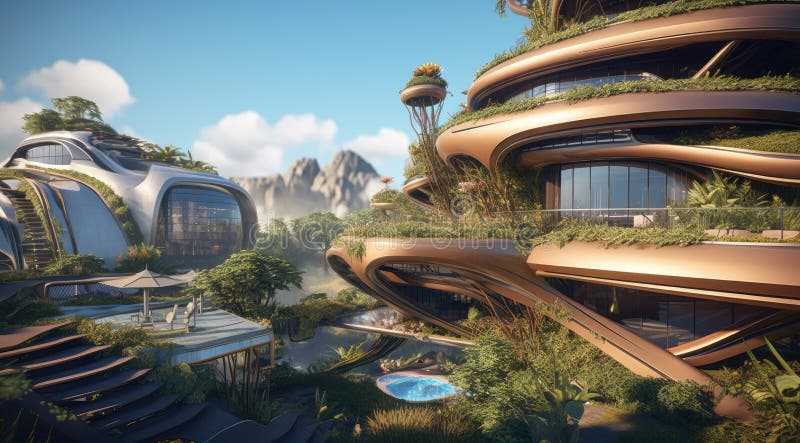Architecture of the Future, Lots of Green Plants and Balconies Stock ...