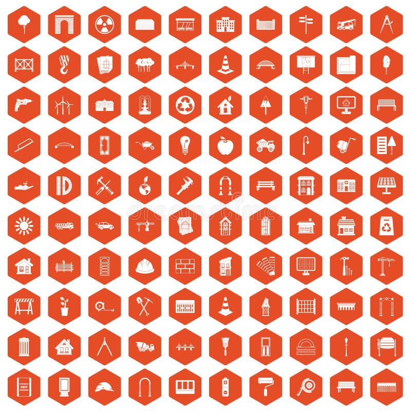 100 Architecture Icons Hexagon Orange Stock Vector - Illustration of ...